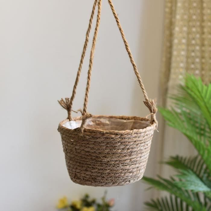 Jardiniere bac a fleur panier de fleurs suspendu en paille tissé à la