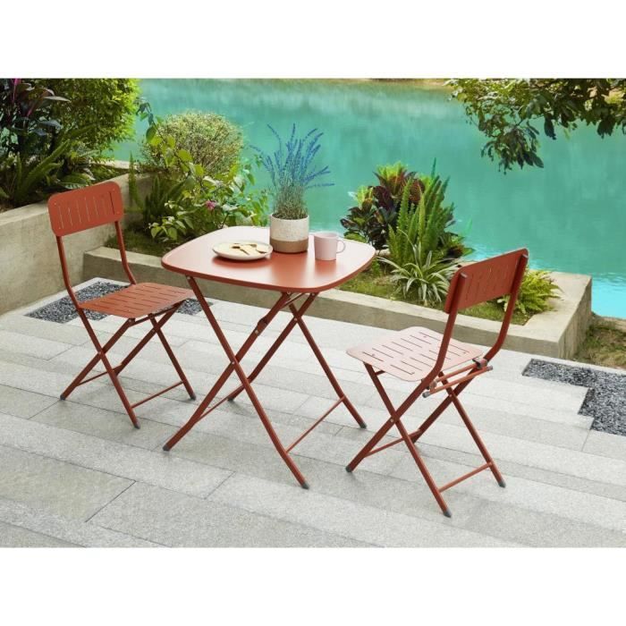 Salle à manger de jardin pliante en métal 1 table carrée et 2 chaises