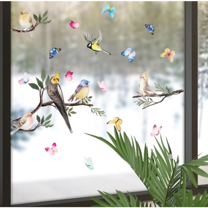 Autocollants Fenêtre Oiseaux sur Branche Arbre Anti Collision Stickers Papillons Feuilles Vertes