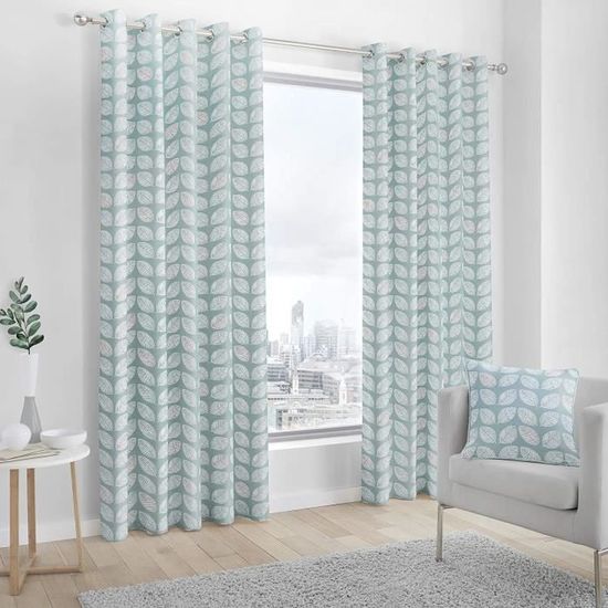 Fusion Delft Rideaux Doubles A Oillets Coton Motif Feuilles Bleu