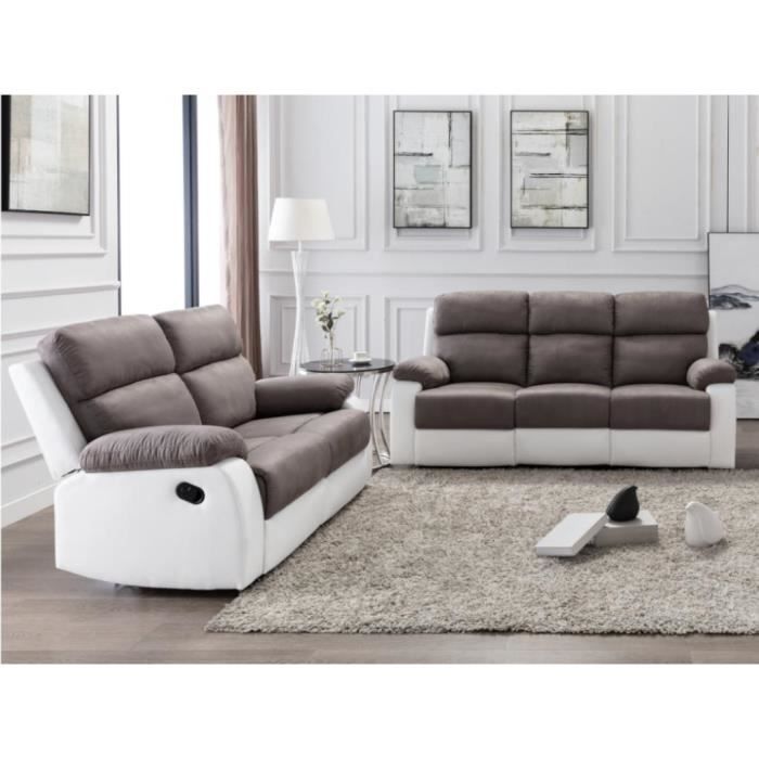 Canapé places relax en microfibre et simili TOLZANO Gris et blanc Cdiscount Maison