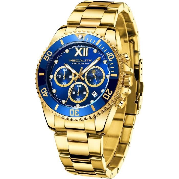 Montre Homme Acier Chronographe Quartz Grand Cadran Montres Bracelets Etanche Lumineuses Date