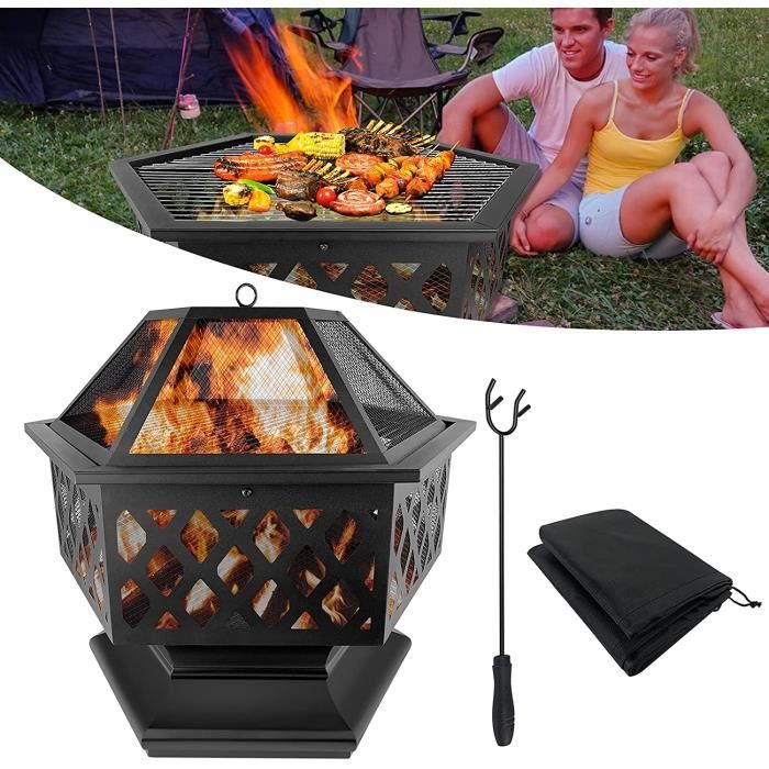 Brasero de jardin hexagonal avec protection contre les étincelles brasero avec tisonnier et