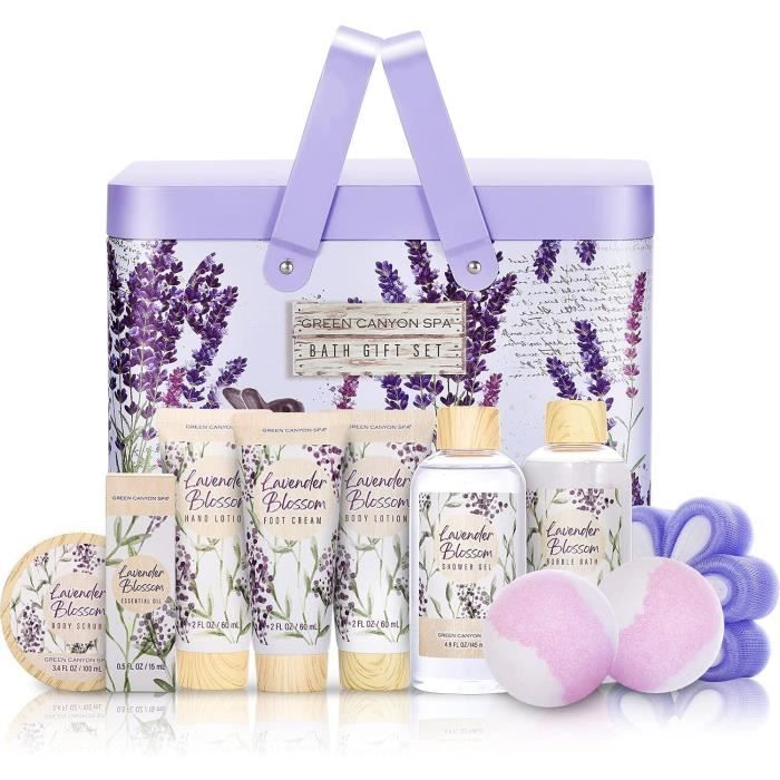 Coffret Bain au Parfum de Lavande PCS Coffret Cadeau Femme avec Boîte en Fer Bain Moussant
