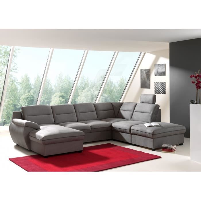 Canapé d angle panoramique convertible tissu gris STAN angle gauche Cdiscount Maison