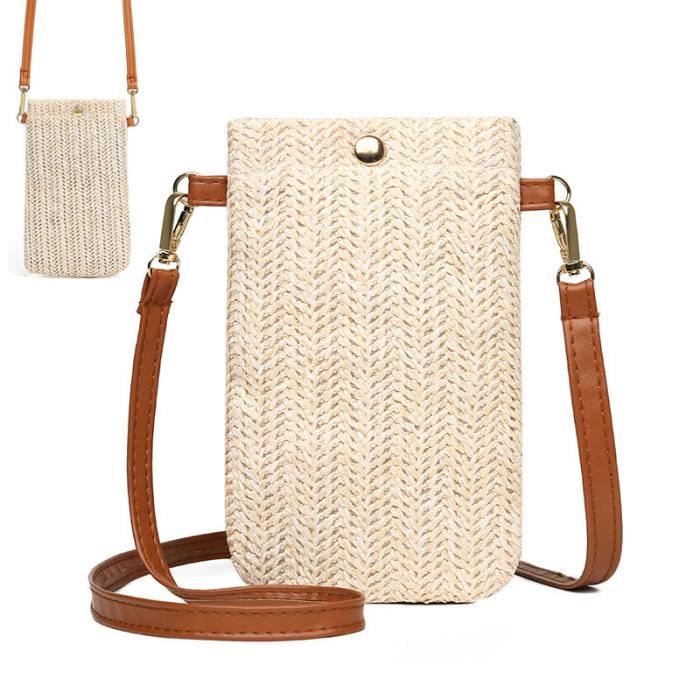 Sac à Bandoulière Femme Sac Téléphone Portable Tissage de Paille Couleur Beige