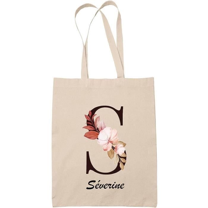 Tote Bag Séverine Sac Caban En Toile Coton Prénom Femme Avec Lettre Fleur Idée Cadeau Pour