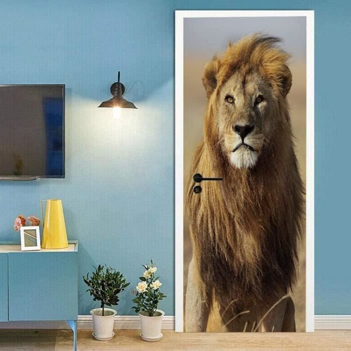 Stickers De Porte Effet 3D Lion Des Animaux Autocollant Mural Porte