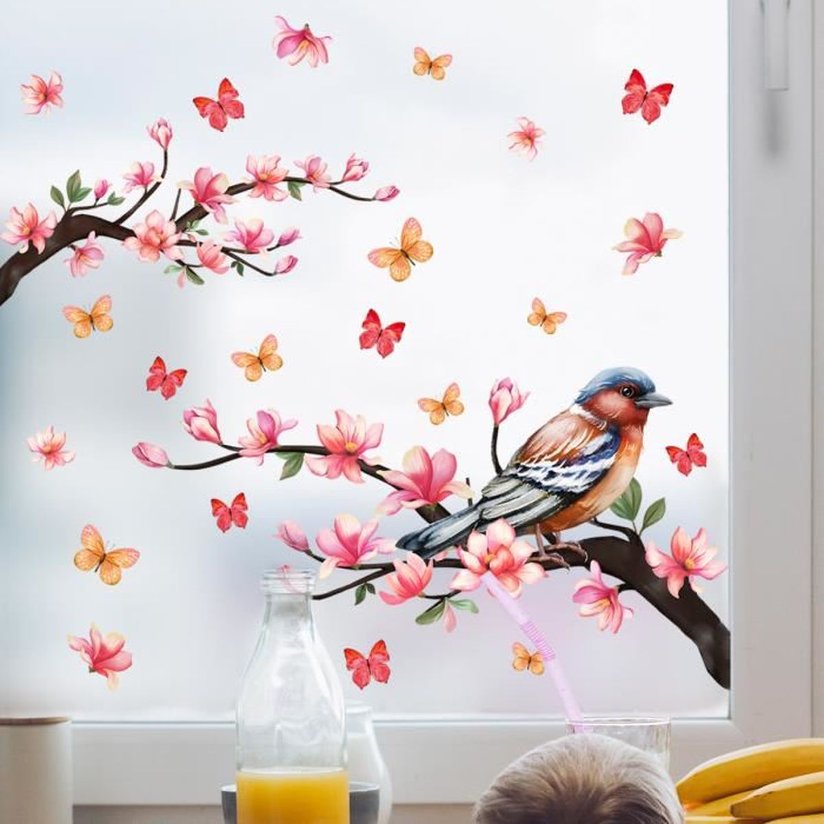 Sticker Muraux Oiseaux Sur Branche Arbre Autocollant Fleur Rosa Papillon Autocollants Pour