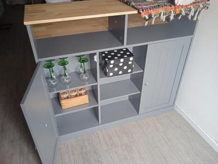 Ilot de cuisine table de bar rabattable - multi-rangement - MDF gris ...