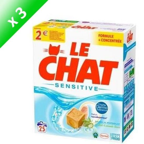 LE CHAT Lessives en poudre Sensitive - 1,63 kg - 25 lavages - Lot de 3 ...