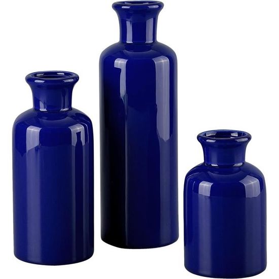 Navy Blue Vase for Decor Set of 3, Ceramic Rustic Vase for Decor ...