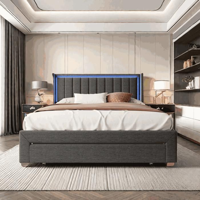 Lit double gris avec sommier à lattes 180x200cm, lit coffre avec LED et ...