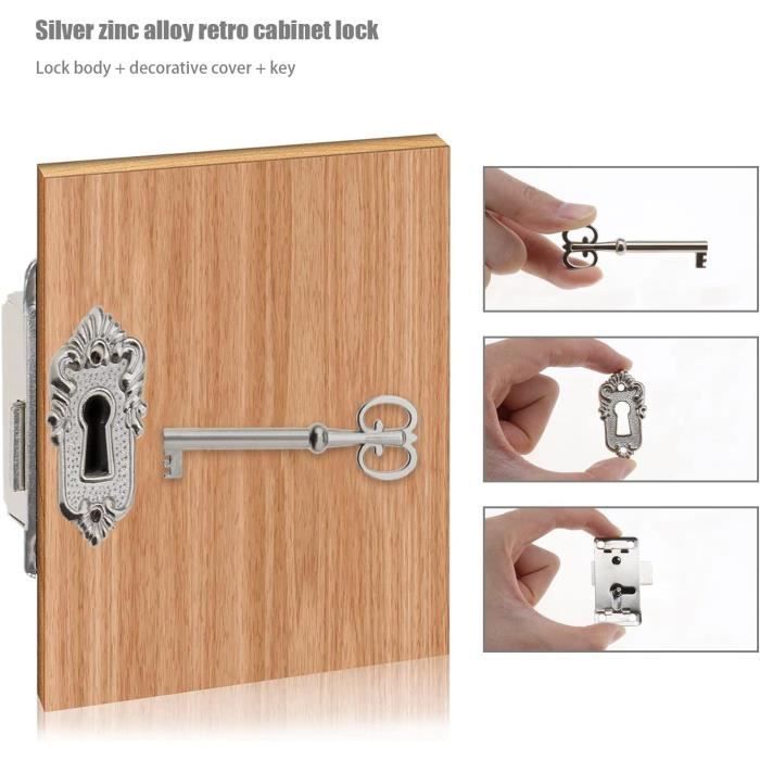 2 Set Serrure Ancienne Porte Antique Cabinet Lock Argent Vintage Design ...