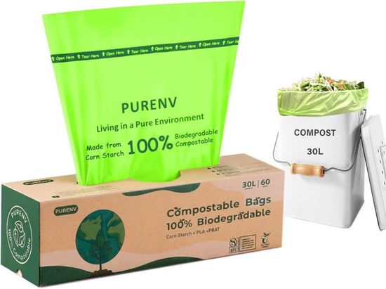 30L Compostable Sac Poubelle, 60 Sachets Biodégradables À Déchets, 100% ...