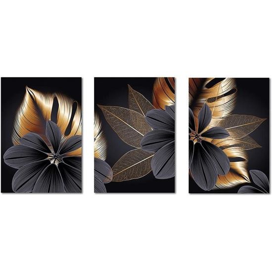 OYFFL Noir feuille d'or toile peinture plante affiche impression ...