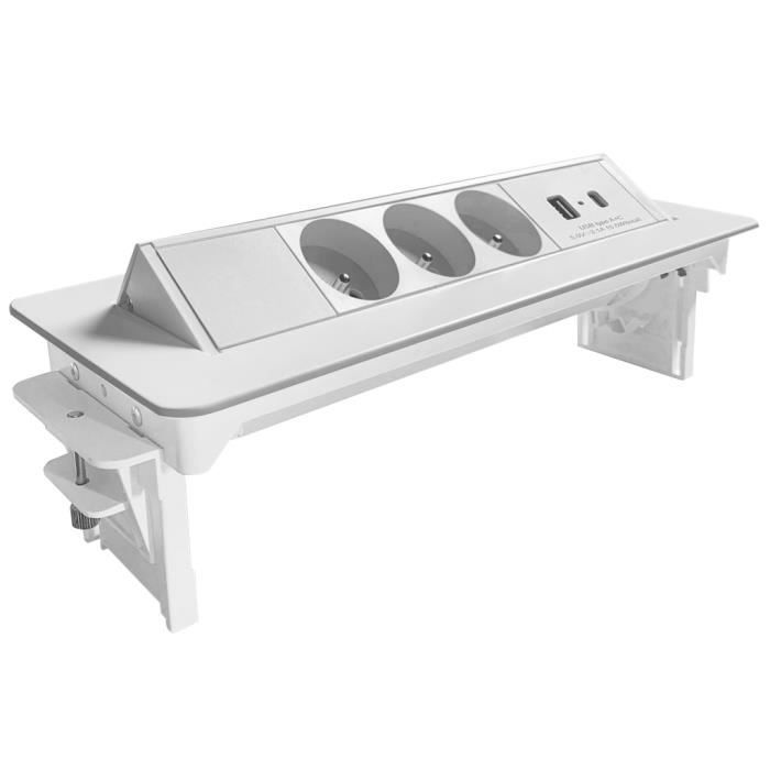 Bloc multiprise - 3 Prises + 2 Ports USB - USB-C - Blanc - Escamotable ...