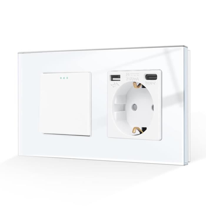 Interrupteur avec prise USB, prise Schuko en verre encastrée avec port ...