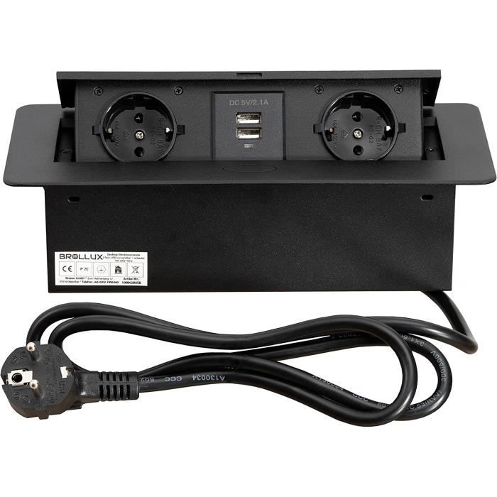 Prise encastrable rétractable 2 prises avec USB noir avec ouverture ...
