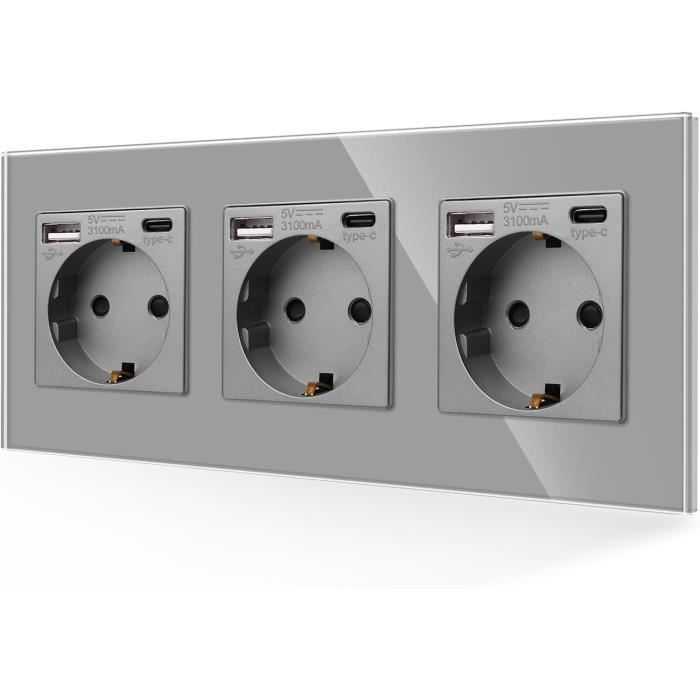 Prise Avec Usb Gris, 3 Prises Schuko En Verre 16 A Avec Charge Rapide ...