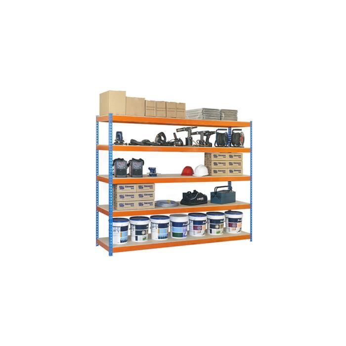 Étagère métallique 5 niveaux - 3000 x 1500 x 600 mm - KIT ECOFORTE - Chipboard - Bleu - Orange ...