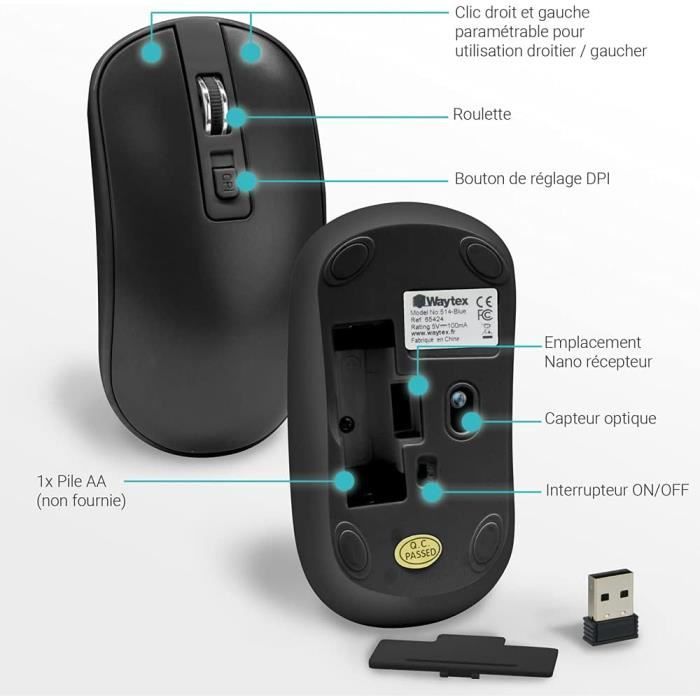 65420 Souris Sans Fil 2,4 Ghz Pour Ordinateur Avec Nano Récepteur Usb ...