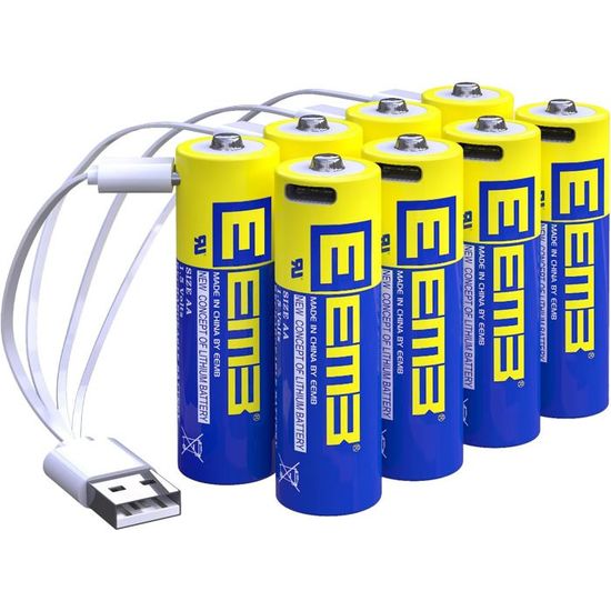 Piles AA Pack de 8 Piles AA Rechargeables Piles au Lithium AA USB Type ...