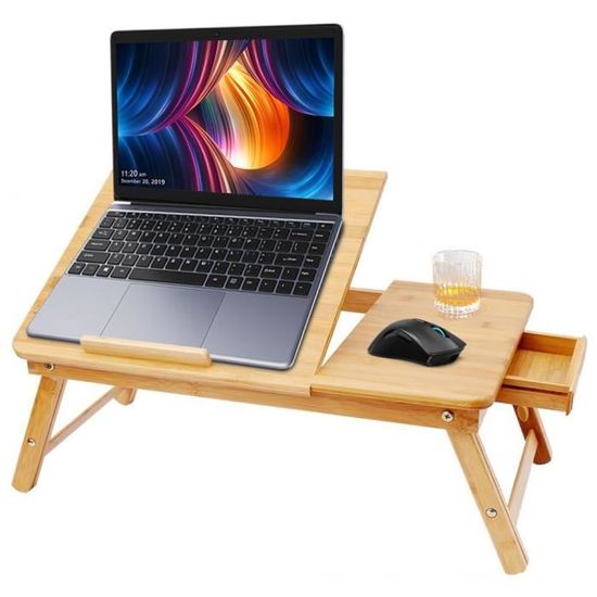 MENGDA Table de lit en bambou pour ordinateur portable avec tiroir et ...