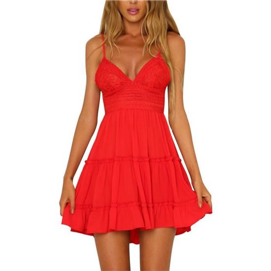 Minetom Femme Robe Été Sexy Col V Dentelle Sans Manches Bowknot Dos Nu