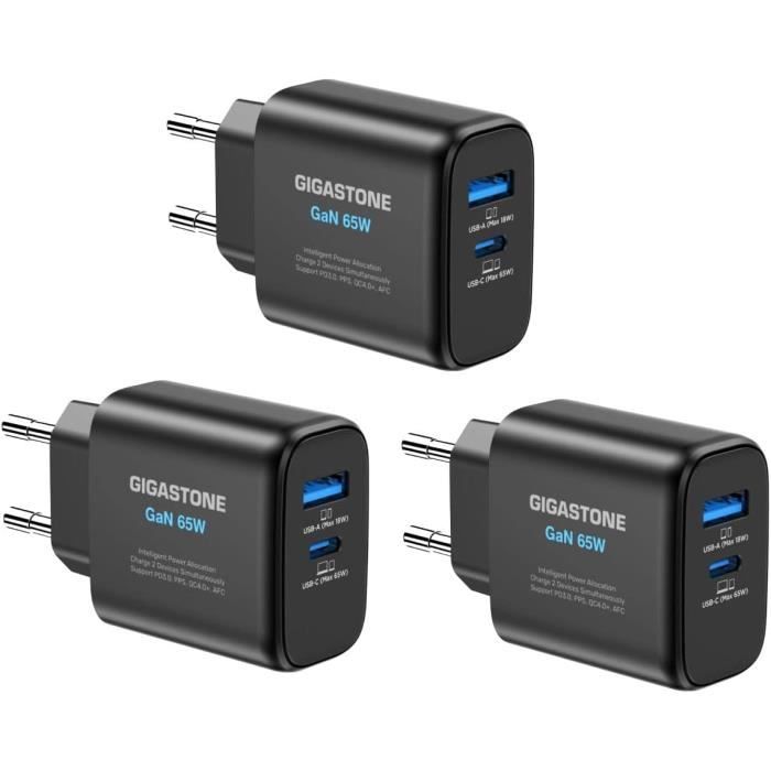 65W GaN 3 Pack USB C Chargeur Rapide, PD&QC 3.0 PPS 2-Port Allocation ...