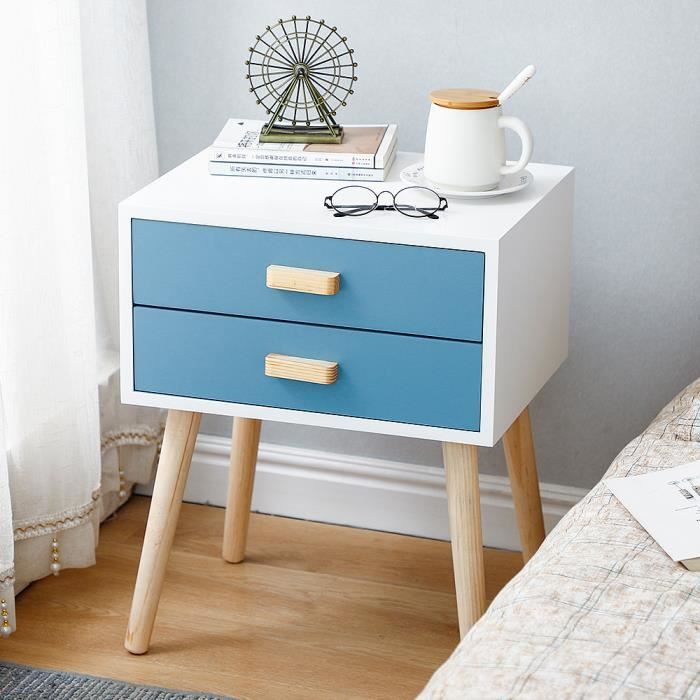 BON MARCHÉ!!! Chevet - Deux tiroirs - Blanc + bleu H 59,5 cm - KEKEDA ...