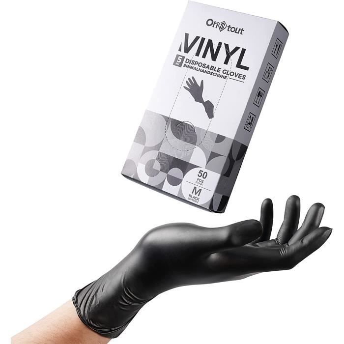 Lot De 50 Gants Jetables En Vinyle Jetables Sans Poudre - Noir - Taille ...