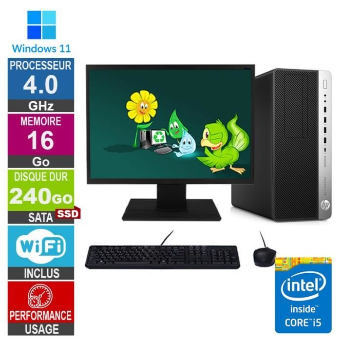 PC HP EliteDesk 800 G4 TWR i5-8400 4GHz 16Go/240Go SSD Wifi W11 + Ecran ...