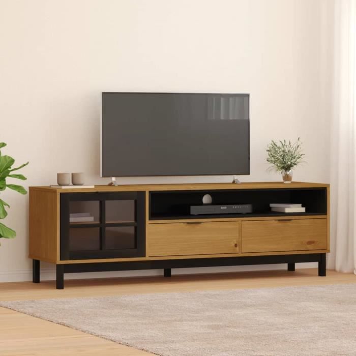 Meuble TV avec porte vitrée FLAM 158x40x50cm bois massif de pin ...
