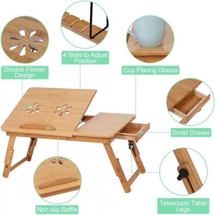 MENGDA Table de lit en bambou pour ordinateur portable avec tiroir et ...