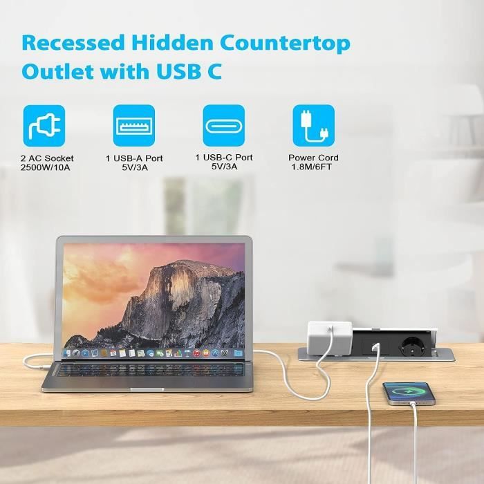 Prise Encastrable Plan de Travail USB C PD20W, Aluminium Multiprise ...
