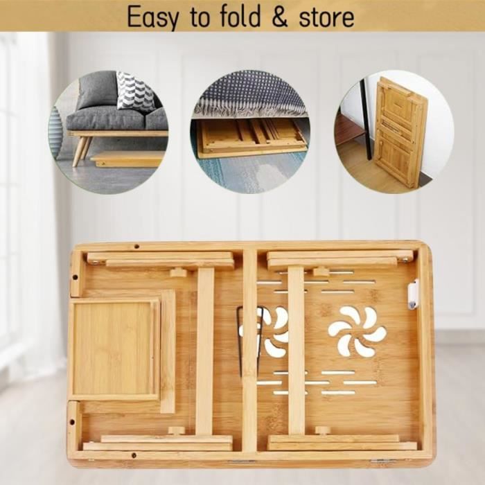 MENGDA Table de lit en bambou pour ordinateur portable avec tiroir et ...