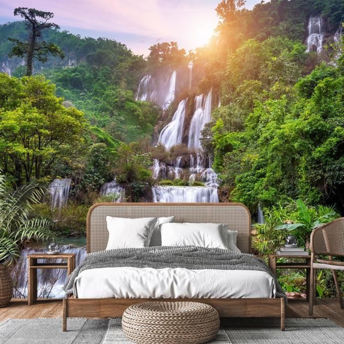 Nature paysage vert forêt montagne cascade mur salon chambre papier ...