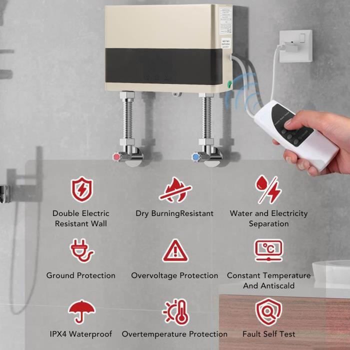 Chauffe-eau électrique instantané - DIOCHE - 6000W - Or - Installation murale - Température ...