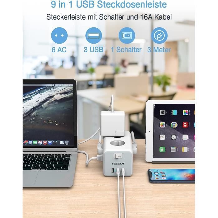 Multiprise Usb Cube Avec 6 Prises Française Multiple Et 3 Ports Usb, 9 ...