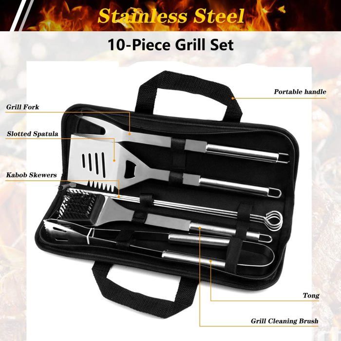 Qh 10 Pack Bbq Barbecue Tool Set,Stainless Steel Outdoor Barbecue Grill ...