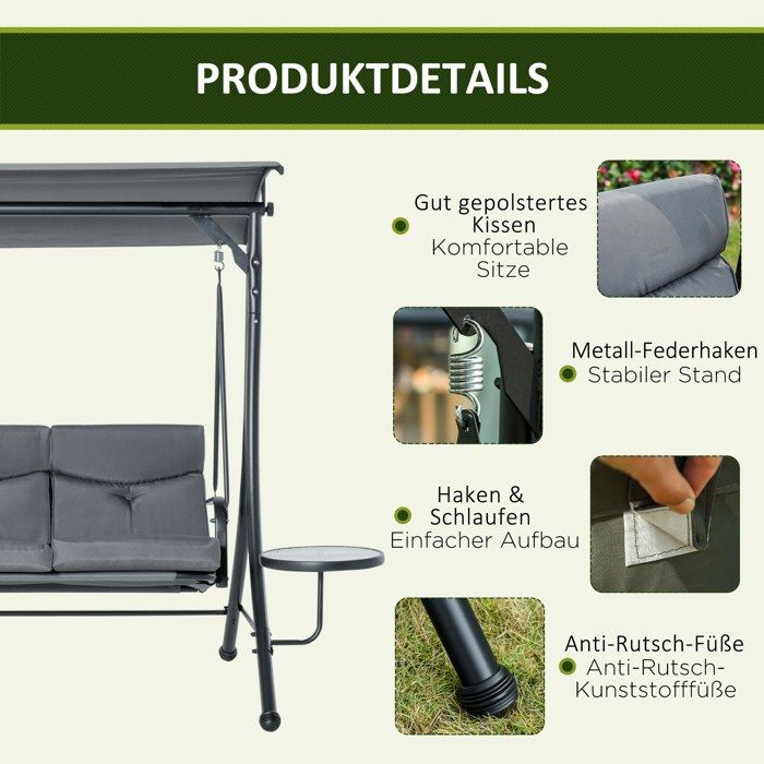 Balancelle 3 places gris-noir acier-polyester 271×125×177cm, pare ...