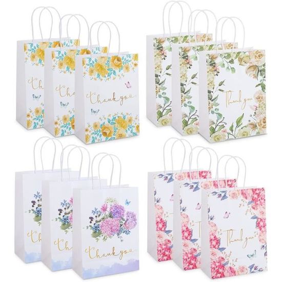 Ote 12 Pcs Sac Cadeau à Fleurs, Thank You Sachet en Papier avec ...