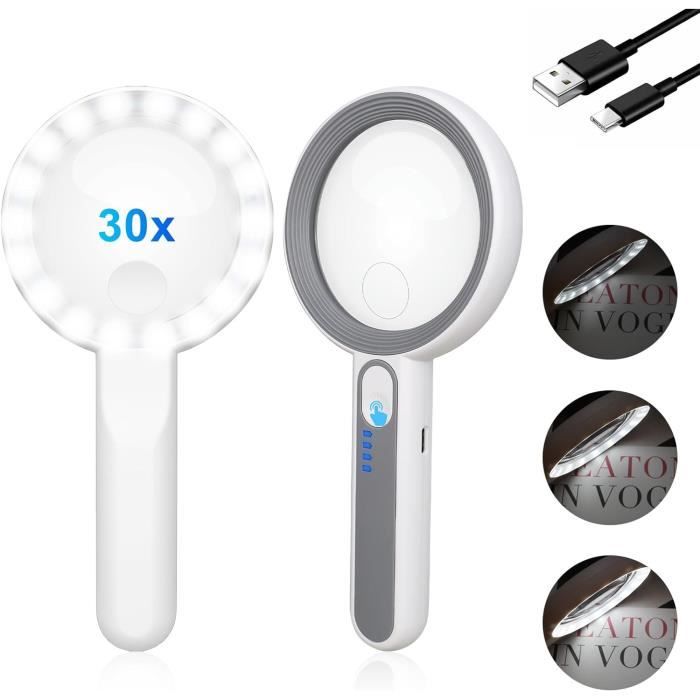 Loupe De Lecture Loupe 30X Avec 18 Led Lumière,3 Modes D'Éclairage Rechargeable Par Usb Loupe ...