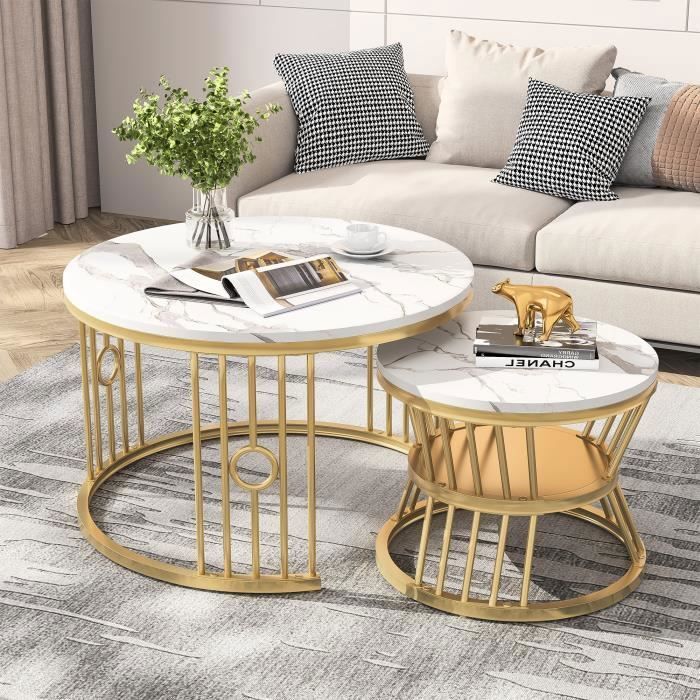 Lot de 2 table basse gigogne, table ronde, plateau en marbre, pied en ...