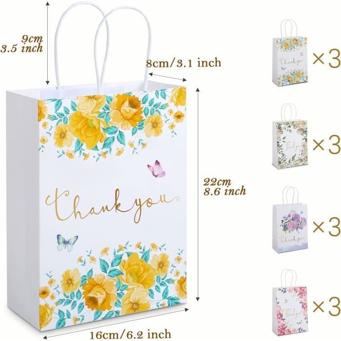 Ote 12 Pcs Sac Cadeau à Fleurs, Thank You Sachet en Papier avec ...