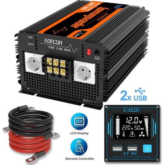 EDECOA 3500W Pur Sinus Convertisseur 12v 220v Transformateur 7000W Crête avec Télécommande LCD ...