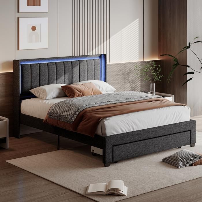 Lit double gris avec sommier à lattes 160x200cm, lit coffre avec LED et ...