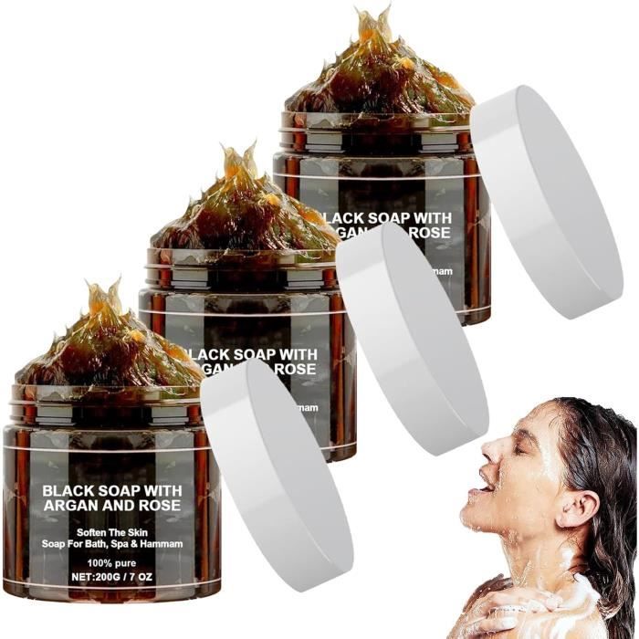 Lot de 3 savons noirs marocains à l'argan et à la rose, savon noir exfoliant pour le corps, gel ...
