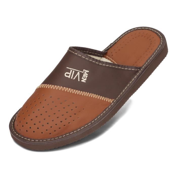 Chaussons Hommes en Cuir 100% Naturel - BECOMFY - Semelle EVA - Marron ...